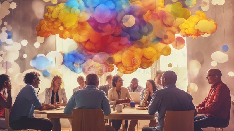 A Brainstorming Session with People Surrounded by Colorful Thought ...