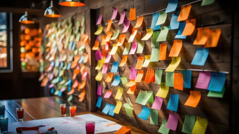 Brainstorming Session with Sticky Notes on Wooden Wall at Office ...