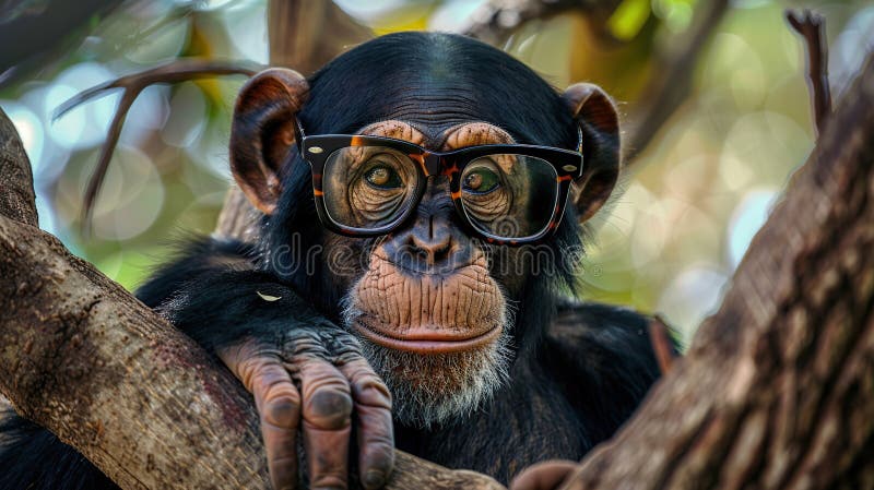 Brainy Chimpanzee Wearing Glasses in a Tree Stock Illustration ...
