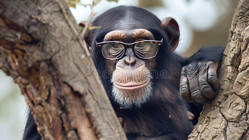 Brainy Chimpanzee Wearing Glasses in a Tree Stock Illustration ...