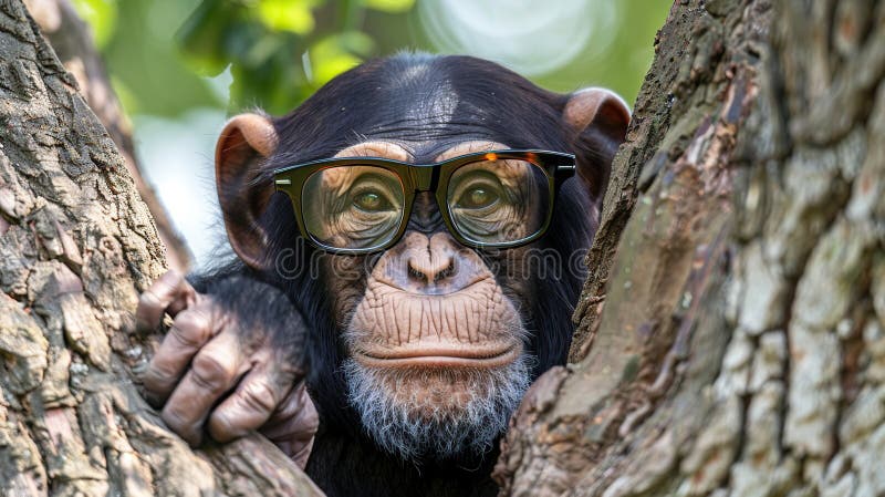 Brainy Chimpanzee Wearing Glasses in a Tree Stock Illustration ...