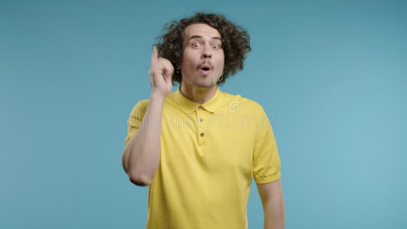 Brainy Man Having Idea Eureka Moment, Pointing Finger Up on Blue ...