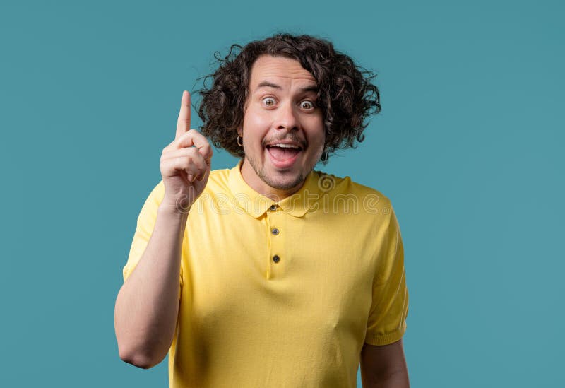 Brainy Man Having Idea Eureka Moment, Pointing Finger Up on Blue ...