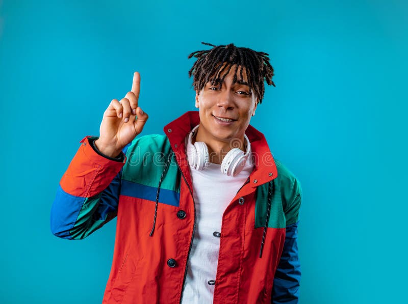 Brainy Man Having Idea Eureka Moment, Pointing Finger Up on Blue ...