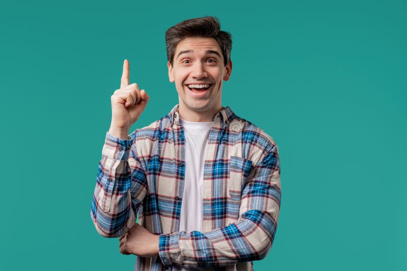 Brainy Man Having Idea Eureka Moment, Pointing Finger Up on Blue ...