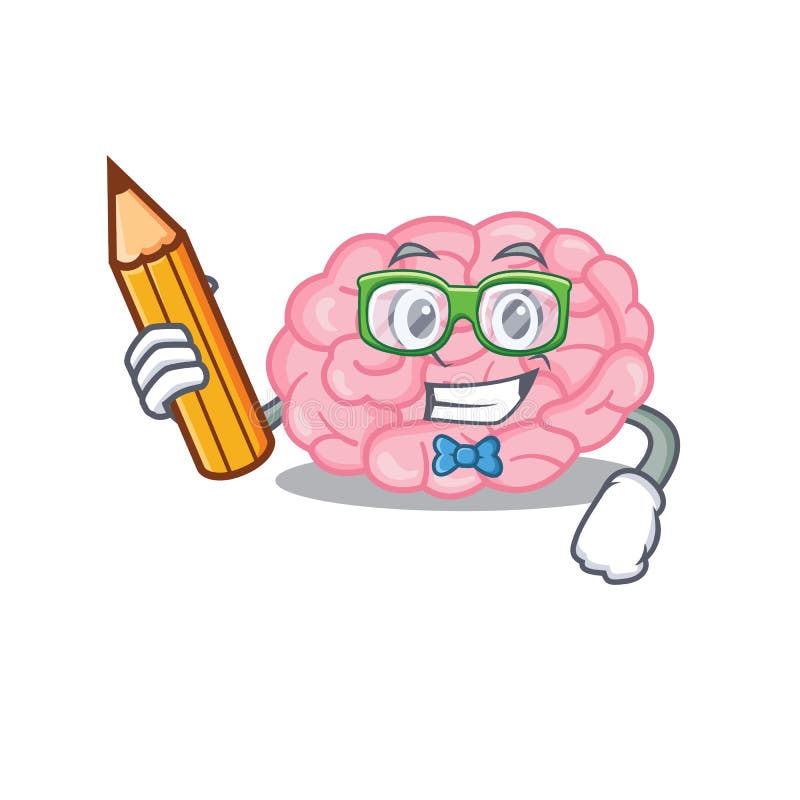 A Brainy Student Human Brain Cartoon Character with Pencil and Glasses ...