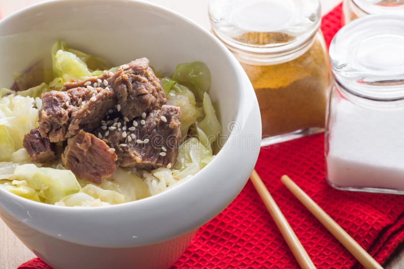 Braised Beef with Cabbage and Rice Stock Photo - Image of meal, alcohol ...