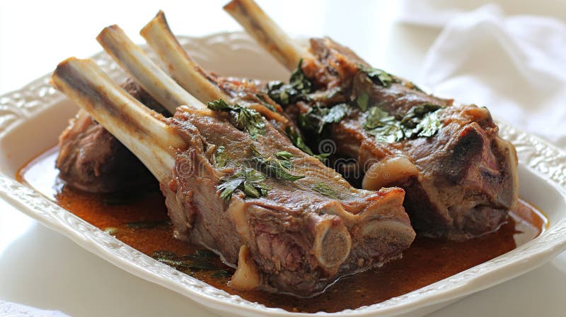 Braised Lamb Shanks, Herb Garnish, White Platter, Kitchen Setting ...