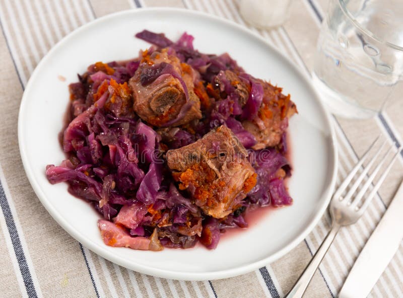 Braised Pork Ribs with Red Cabbage for Dinner Stock Image - Image of ...