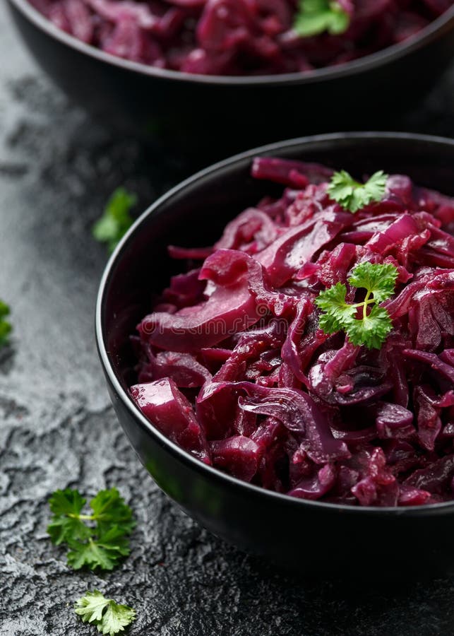 Braised Red Cabbage with Apples and Redcurrant in Black Bowl Stock ...