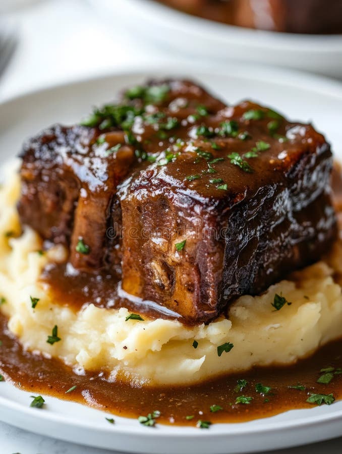 Braised Short Rib on Mashed Potatoes with Gravy on a White Plate. Stock ...