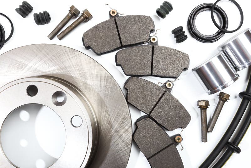 Brake Parts on White: Brake Pads, Disc, Brake Hose, Guides, Cylinders ...
