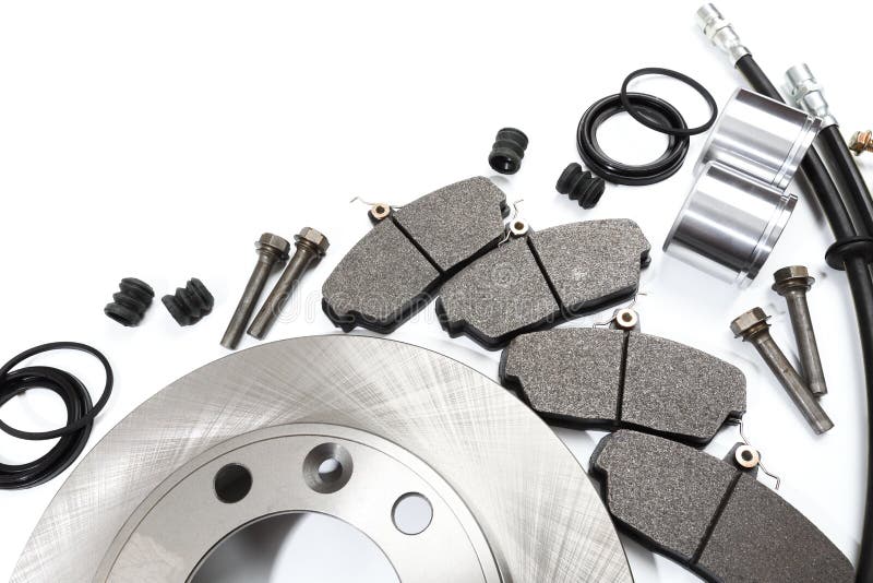 Brake Parts on White: Brake Pads, Disc, Brake Hose, Guides, Cylinders ...