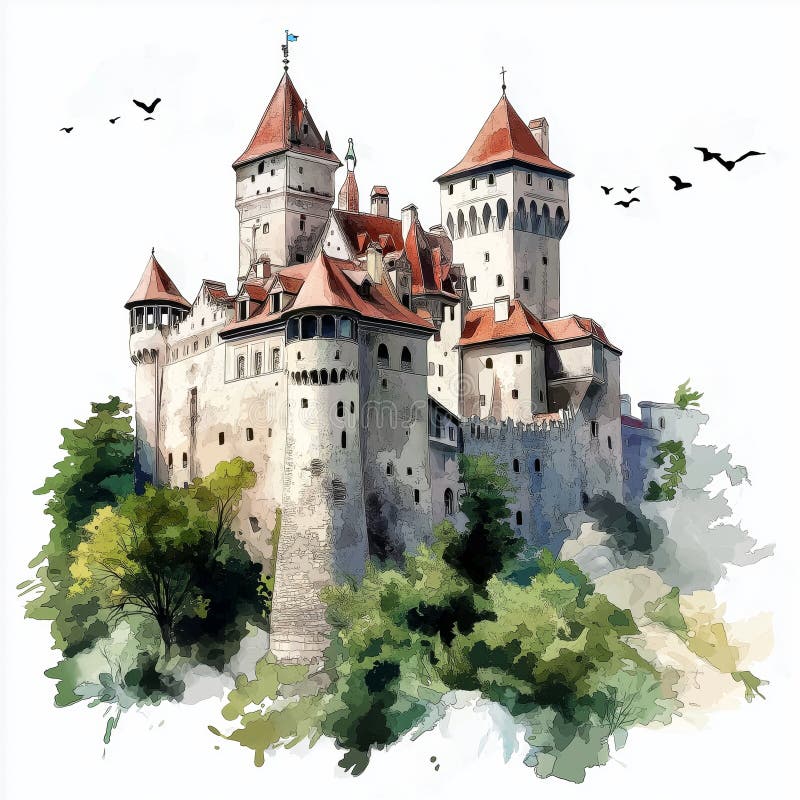 Bran Castle. Bran Castle Hand Drawn Watercolor Illustration Stock ...