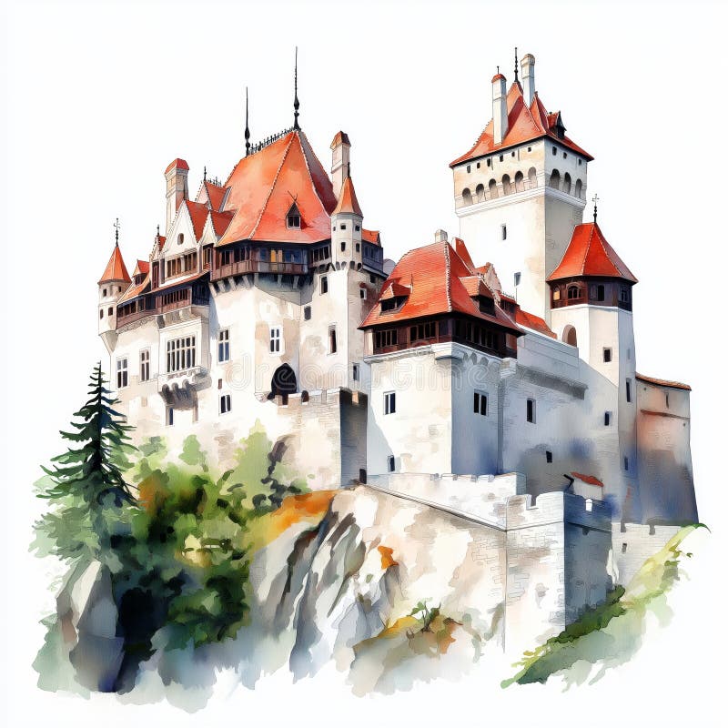 Bran Castle. Bran Castle Hand Drawn Watercolor Illustration Stock ...