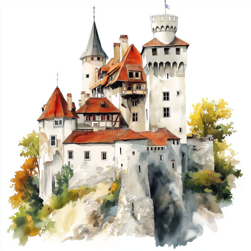 Bran Castle. Bran Castle Hand Drawn Watercolor Illustration Stock ...