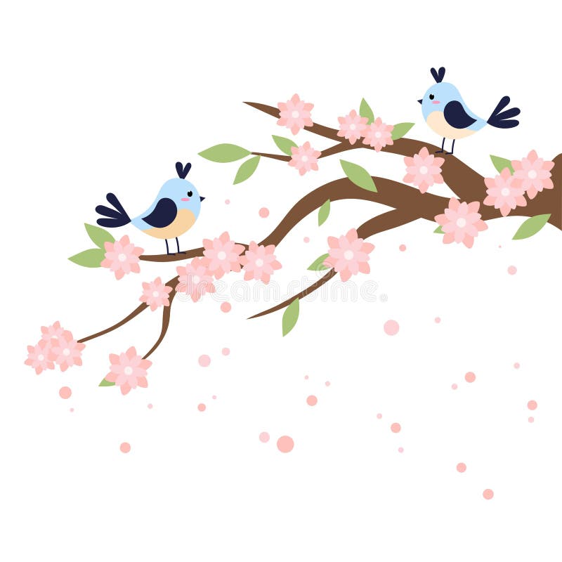 A Branch with Blooming Flowers. Two Birds on a Flowering Branch. Spring ...