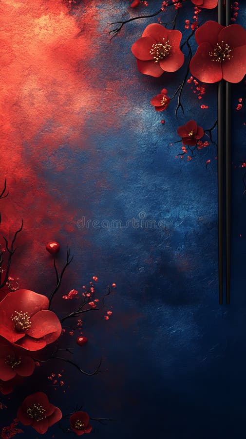 A Branch with Cherry-red Berries on a Red and Blue Field Stock Photo ...