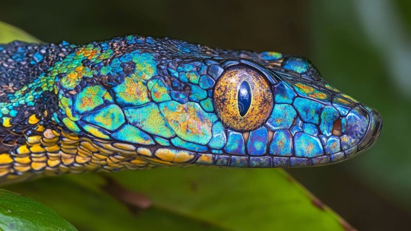 On a Branch Covered in Green Leaves, a Blue and Yellow Snake is Visible ...