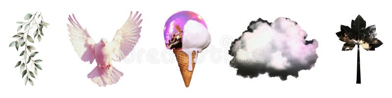 Branch, Dove, Ice Cream, Cloud, Maple Leaf Vintage Element Set Isolated ...