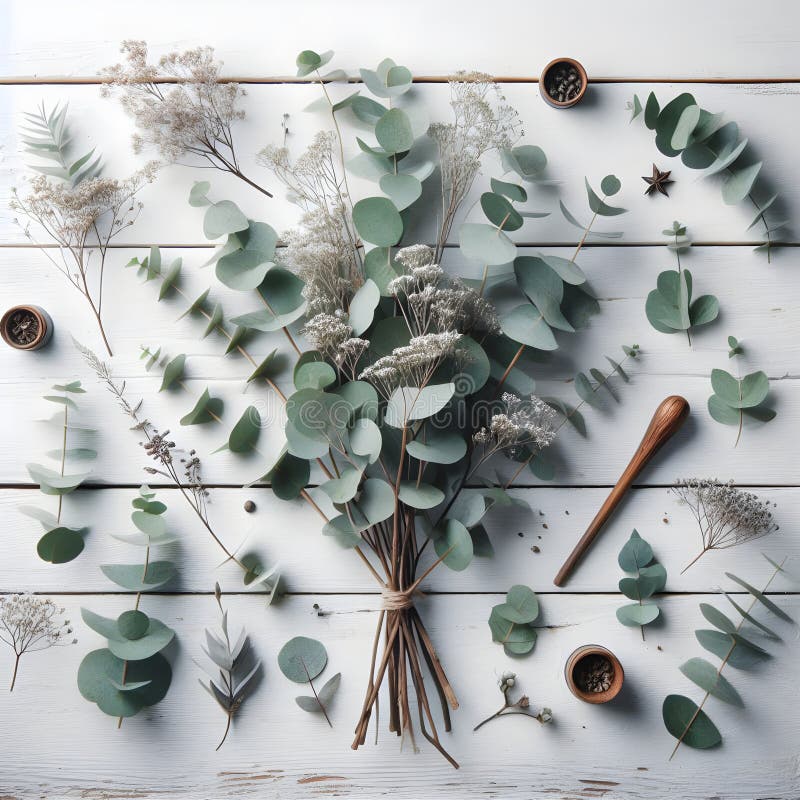 Branch of Eucalyptus Leaves Isolated on White Table Background, Top ...
