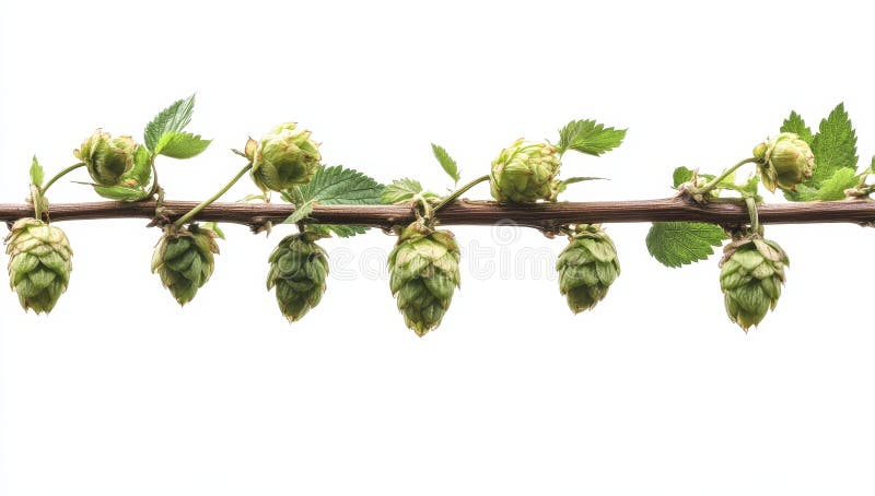 A Branch of Hop Cone with Leaves is Shown on a Plain White Background ...