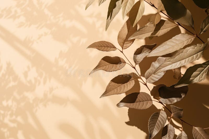 A Branch with Leaves on a Beige Background with a Shadow of Leaves on ...