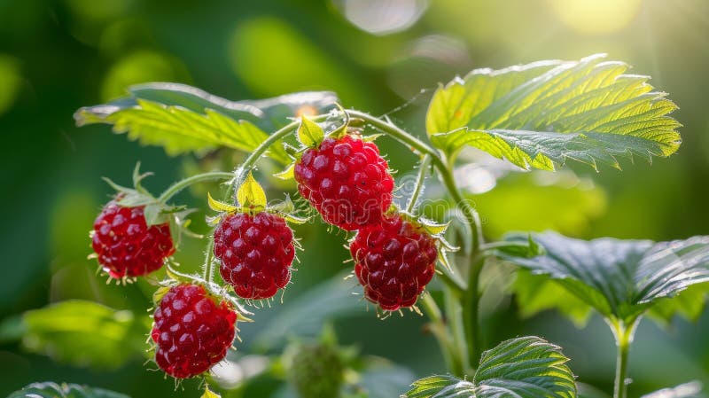 Branch of Luscious Ripe Raspberry Berries Shining Brightly in the Warm ...
