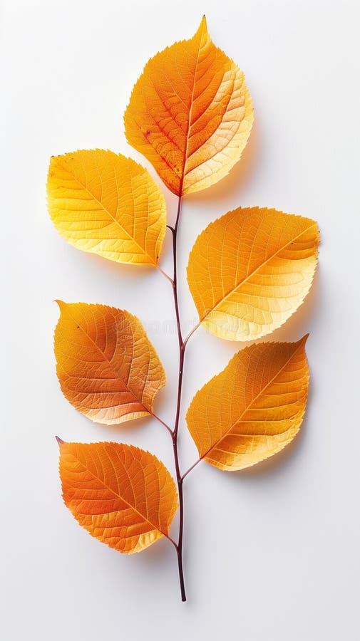 Branch with Multiple Yellow and Orange Autumn Leaves on White ...