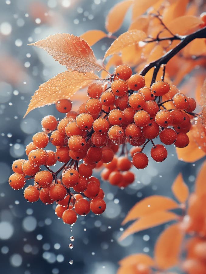 A Branch of Red Berries is Covered in Rain Stock Illustration ...
