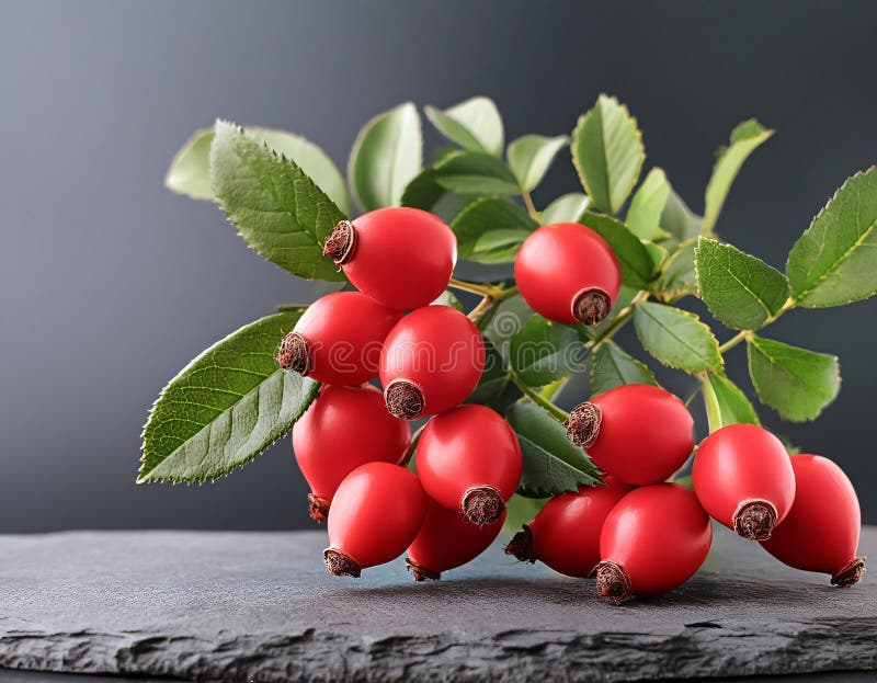 Branch of Ripe Rose Hips Lying on a Dark Stone on a Dark Grey ...