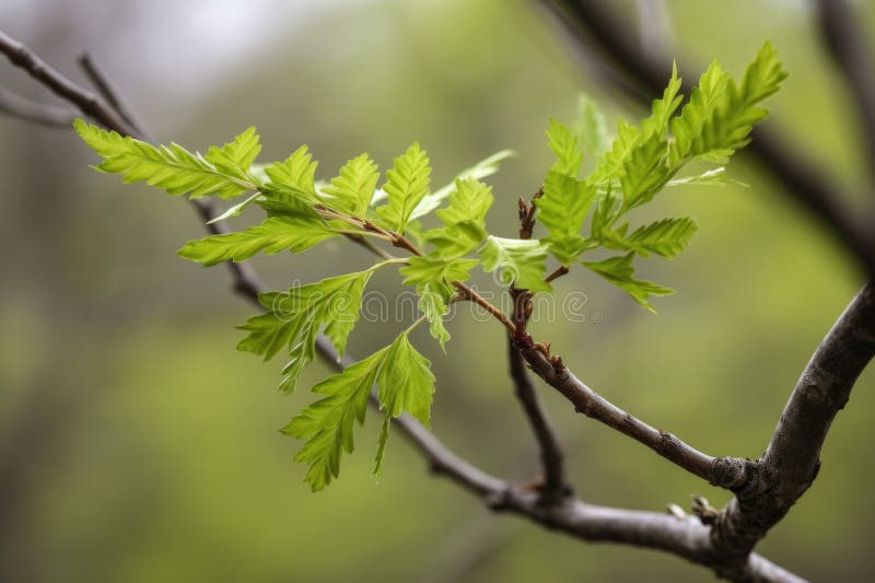 Branch of Sprouting Tree, with Delicate Leaves Unfurled in the Breeze ...