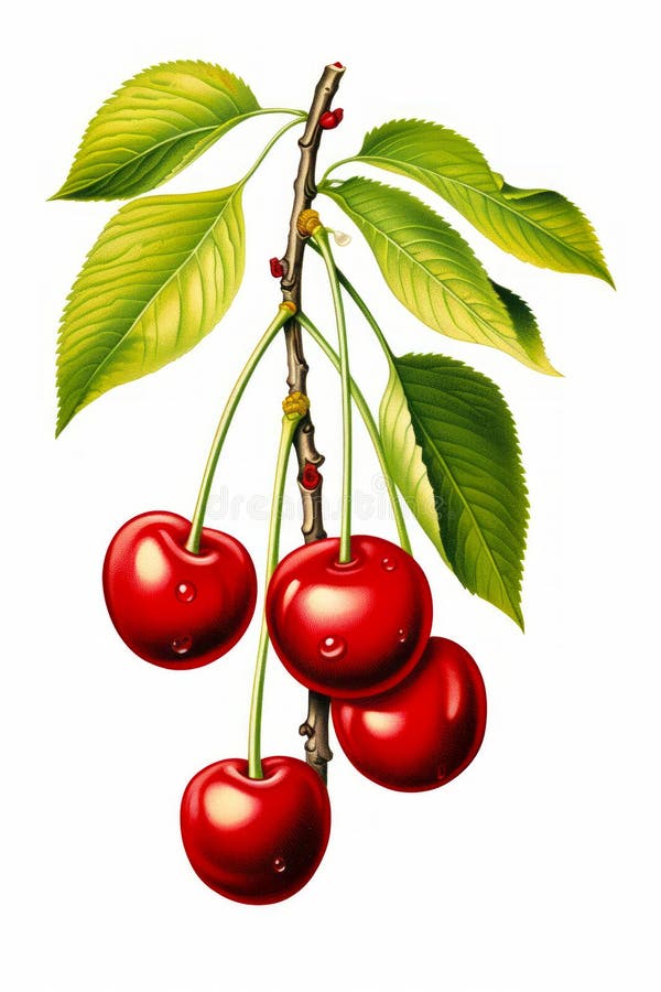 Branch with Three Cherries Hanging from it S Leaves. Generative AI ...