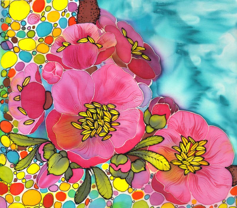 A Branch of a Tree in Bloom. Spring Red Flowers. Drawing on the Fabric ...