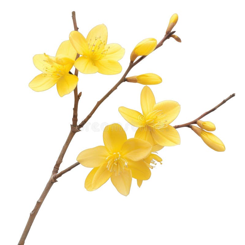 A Branch of Yellow Flowers with Buds Against a White Background Stock ...