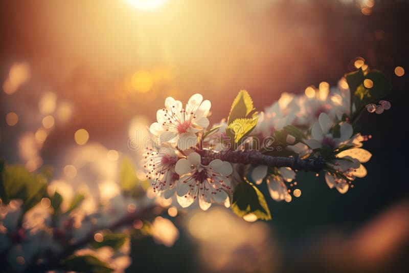 Branches of Blossoming Cherry with Soft Focus, Selective Focus on Warm ...