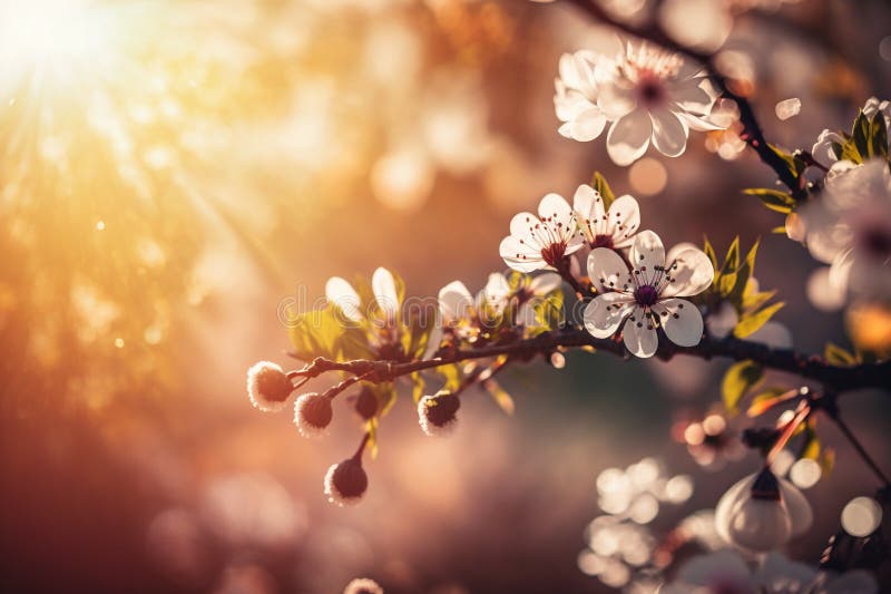 Branches of Blossoming Cherry with Soft Focus, Selective Focus on Warm ...