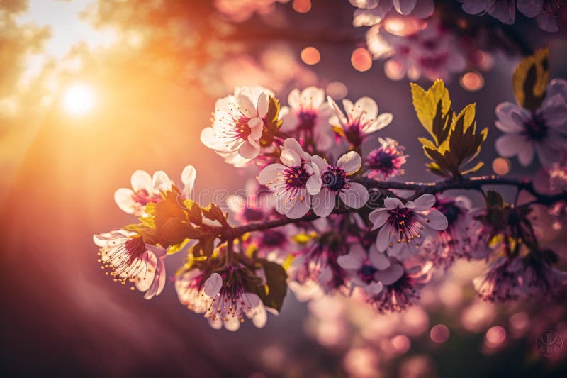 Branches of Blossoming Cherry with Soft Focus, Selective Focus on Warm ...