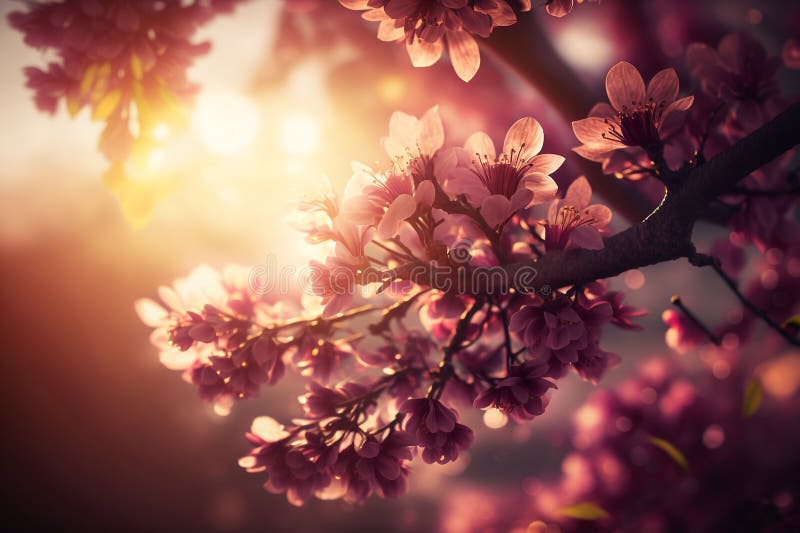 Branches of Blossoming Cherry with Soft Focus, Selective Focus on Warm ...