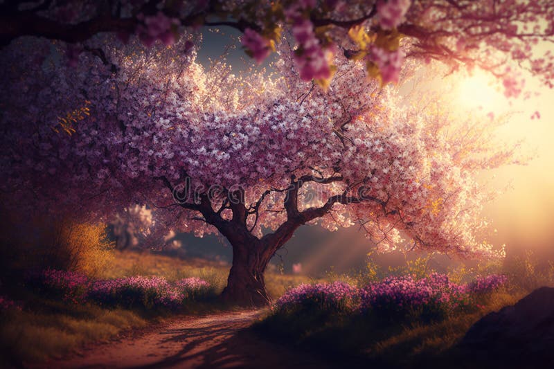 Branches of Blossoming Cherry with Soft Focus, Selective Focus on Warm ...