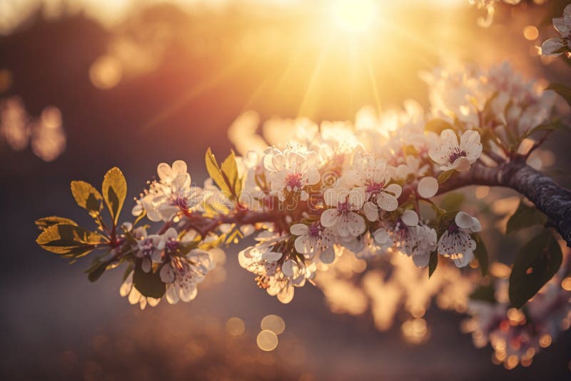 Branches of Blossoming Cherry with Soft Focus, Selective Focus on Warm ...