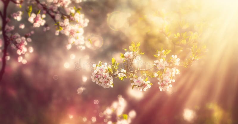 Branches of Blossoming Cherry with Soft Focus, Selective Focus on Warm ...