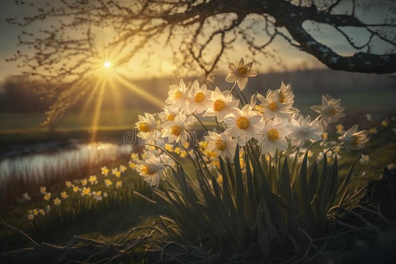 Branches of Blossoming Cherry with Soft Focus, Selective Focus on Warm ...