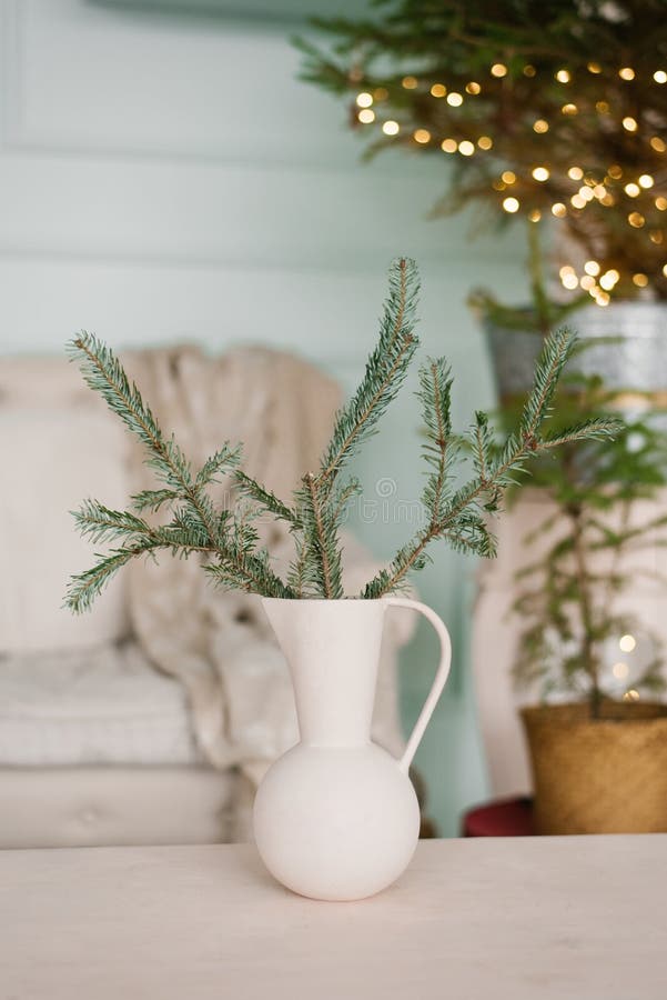 Branches of a Christmas Tree in a White Vase Jug in the Decor of the ...
