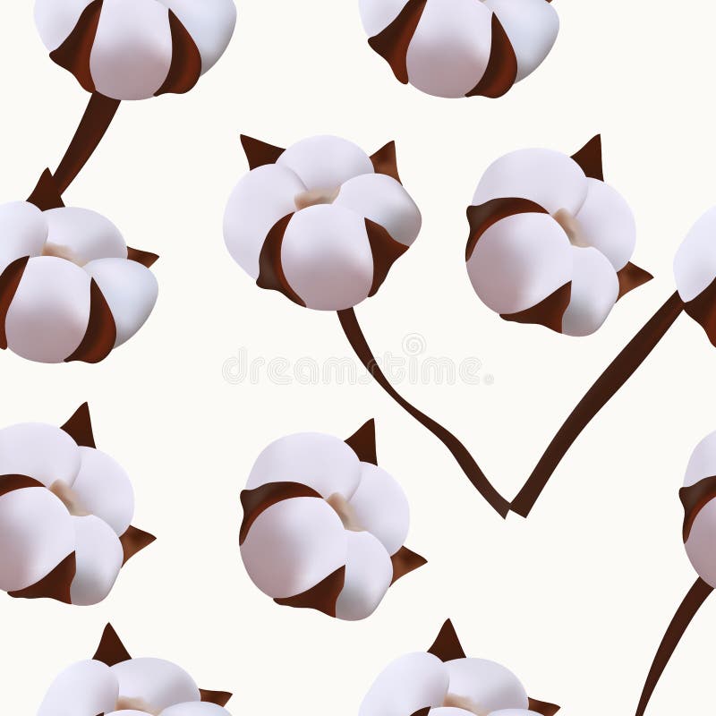 Branches Cotton Seamless Patterns. Soft Cotton on White Background ...