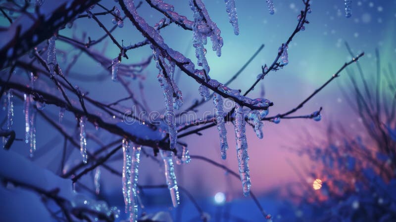 Branches Covered in Icicles at Dusk with Northern Lights in the ...
