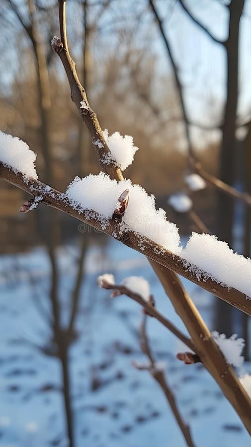 Snow on Budding Branches in Winter Forest Stock Image - Image of snow ...