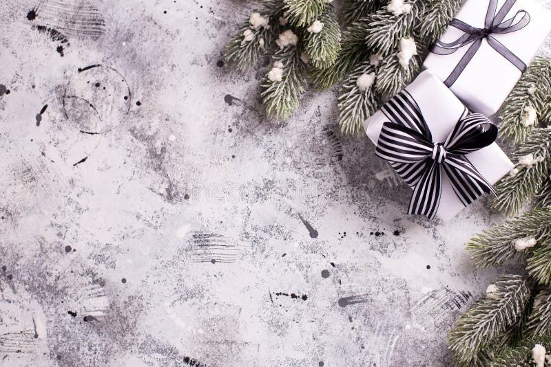 Branches of Fir Tree and Wrapped Boxes with Presents on Grey Textured ...