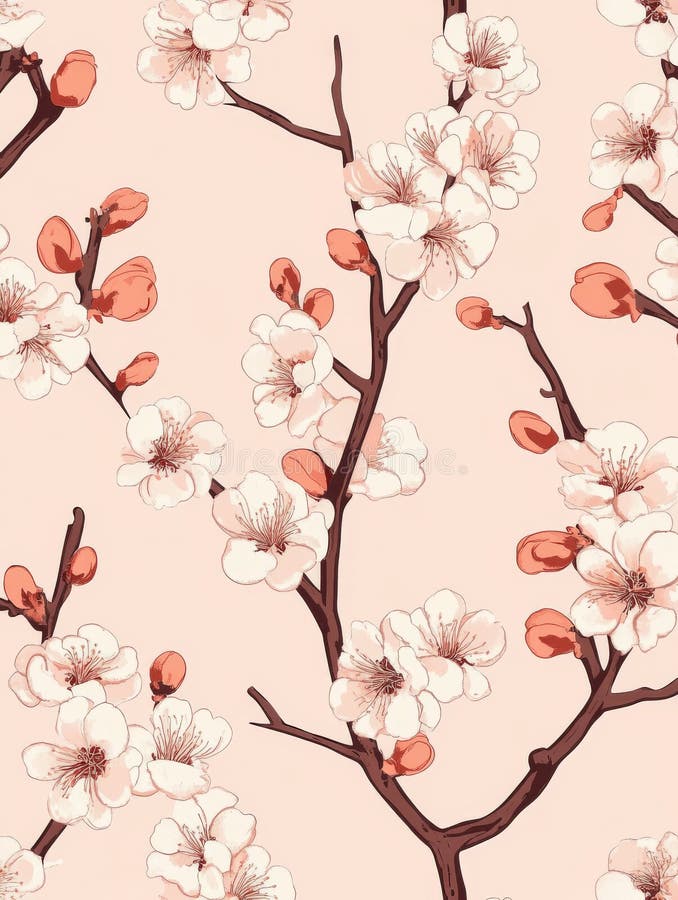 Branches of Flowers Form a Continuous Pattern in a Chinoiserie Japandi ...