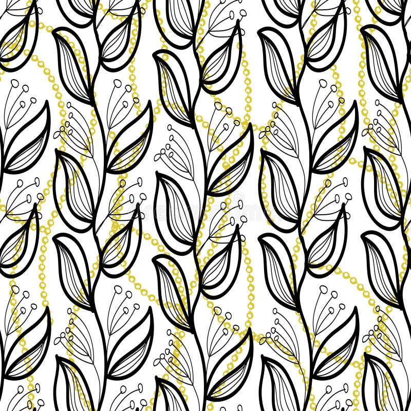 Branches with Leaves and Black Flowers with Golden Chains Drawn on a ...